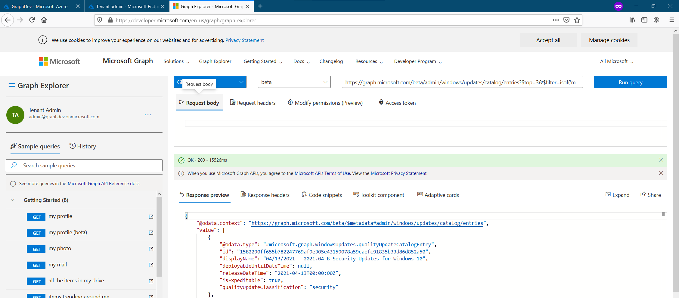 Microsoft Graph Explorer hangs using Microsoft Edge and Google Chrome but works with Firefox (in ...
