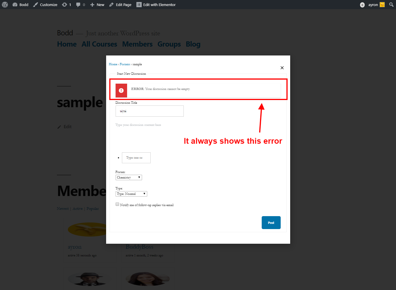 Shortcode [bbp-topic-form] is not working properly when use in Elementor popup template · Issue ...