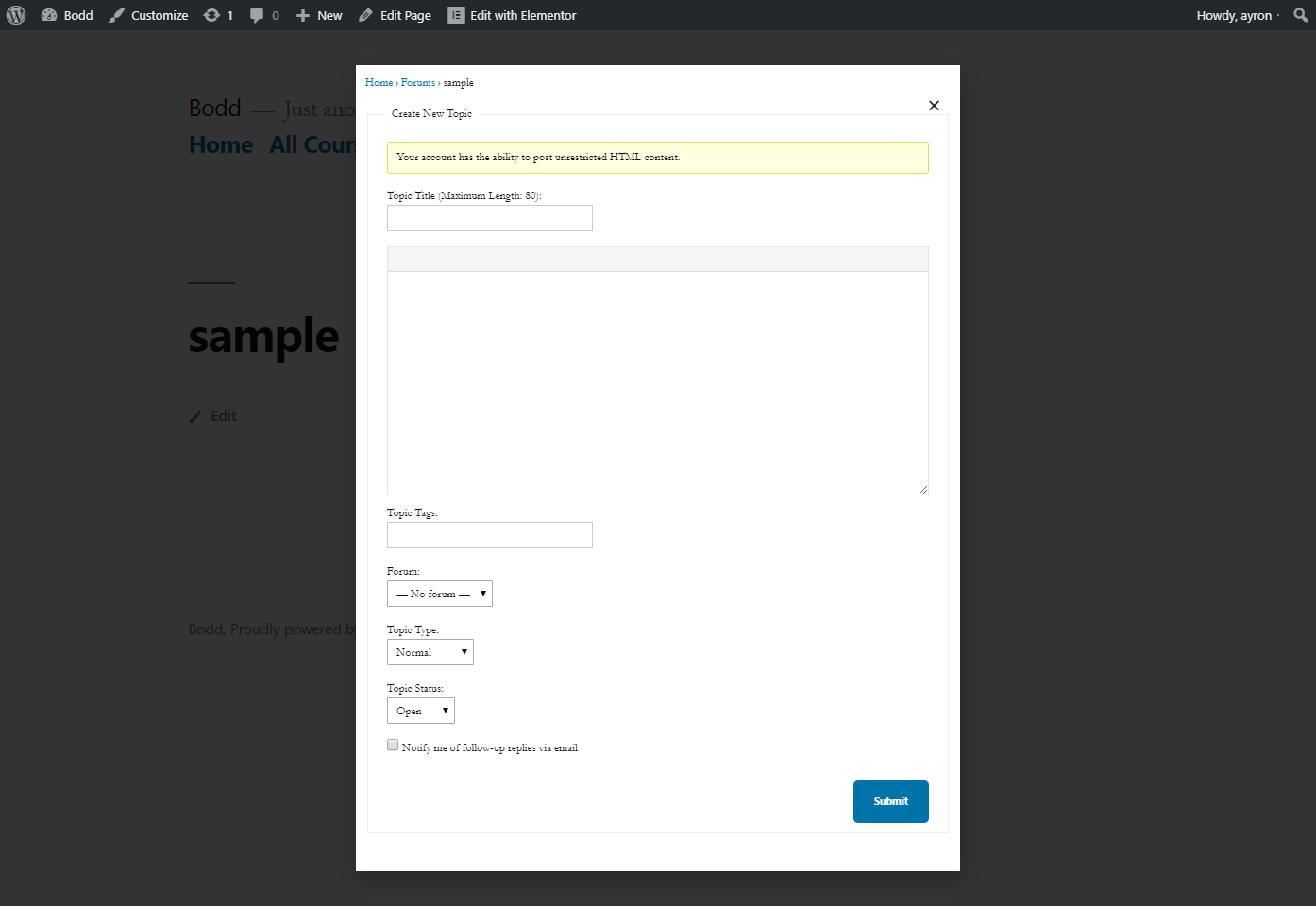 Shortcode [bbp-topic-form] is not working properly when use in Elementor popup template · Issue ...