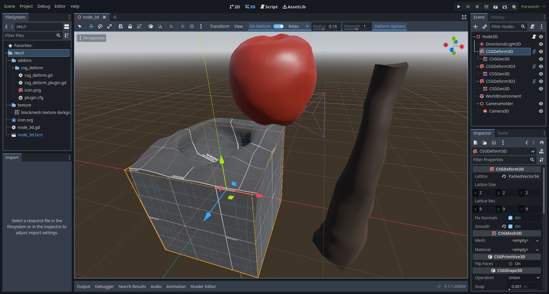 Add a CSG deformation node for more advanced in-editor 3d modeling ...