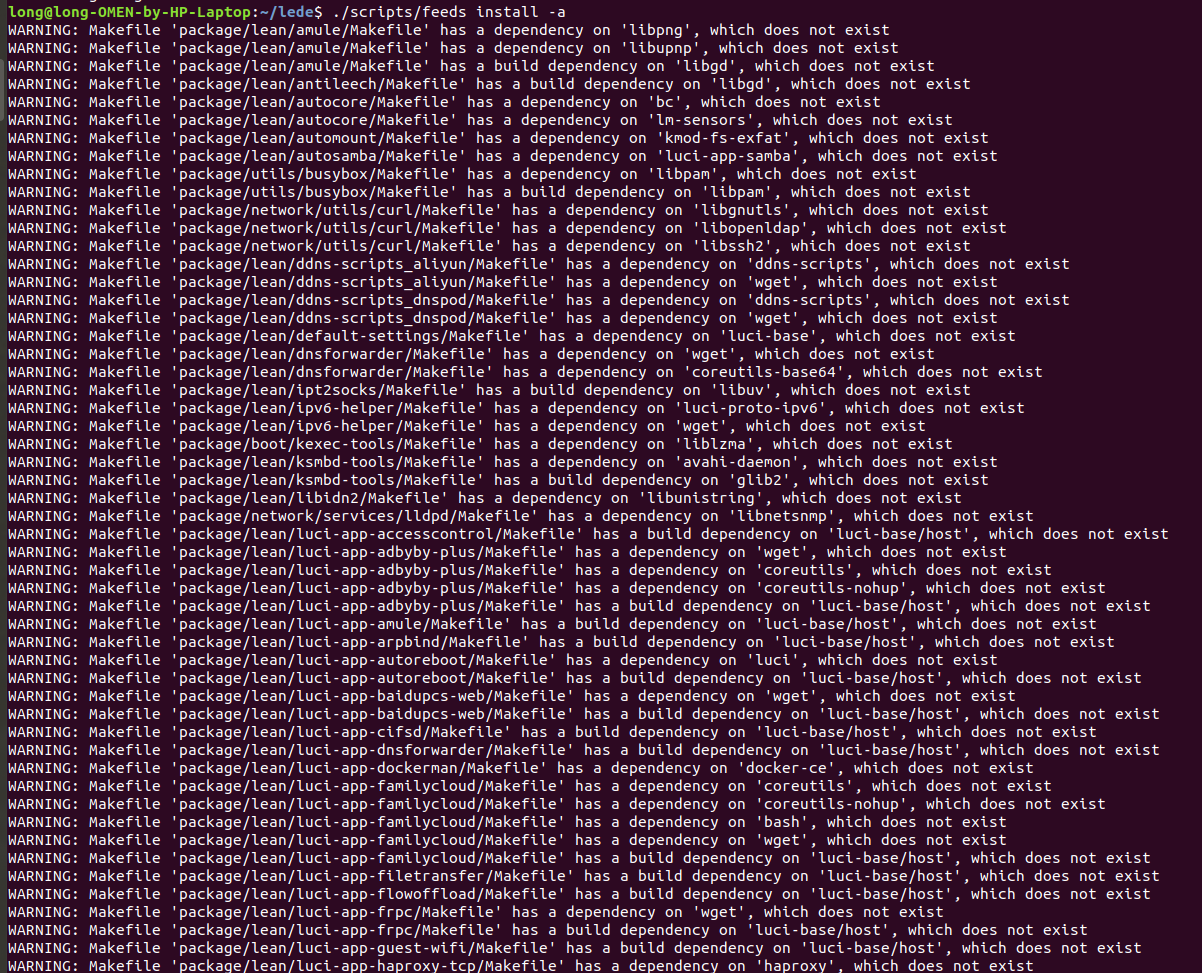 ./feeds install -a的时候有大量缺少依赖的警告，不知是不是源码的问题 · Issue #3171 · coolsnowwolf/lede · GitHub