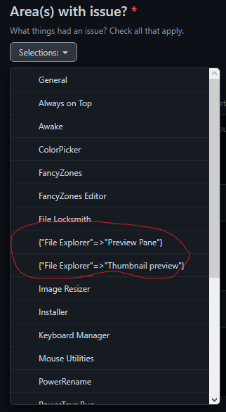 Area selection in new issue bugs out · Issue #21614 · microsoft/PowerToys · GitHub