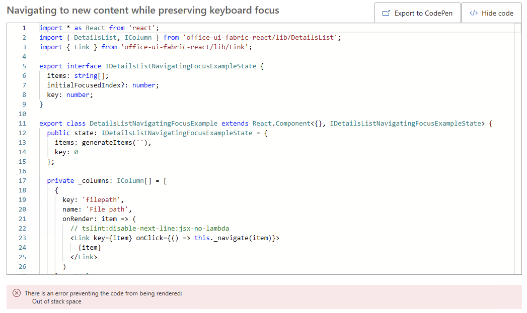 Error editing DetailsList inner navigation example - out of stack space · Issue #11488 ...
