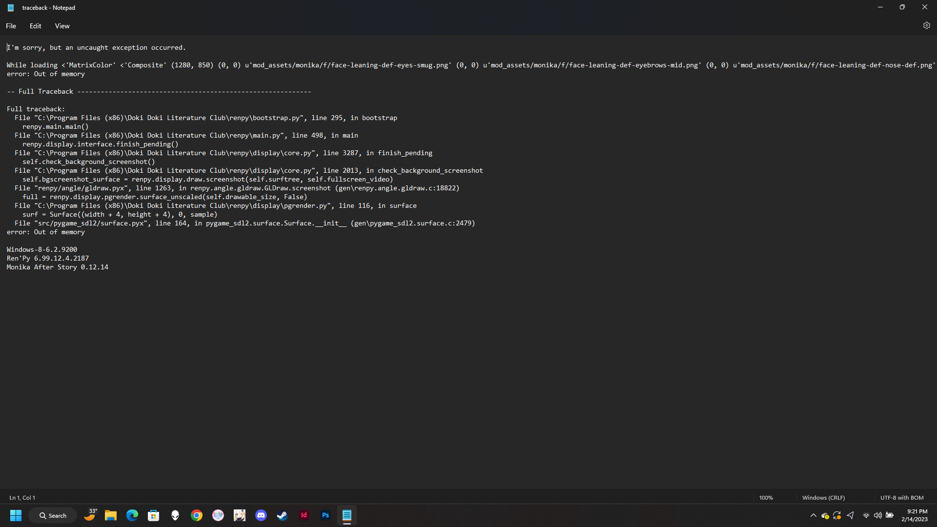 Repeated "Out of memory" crashes on Windows 11 · Issue #9910 · Monika ...