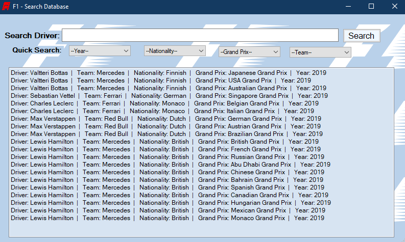 GitHub - AshleyJTM/forms-f1-wintracker: Formula One win tracker made with C# & SQL in Window ...