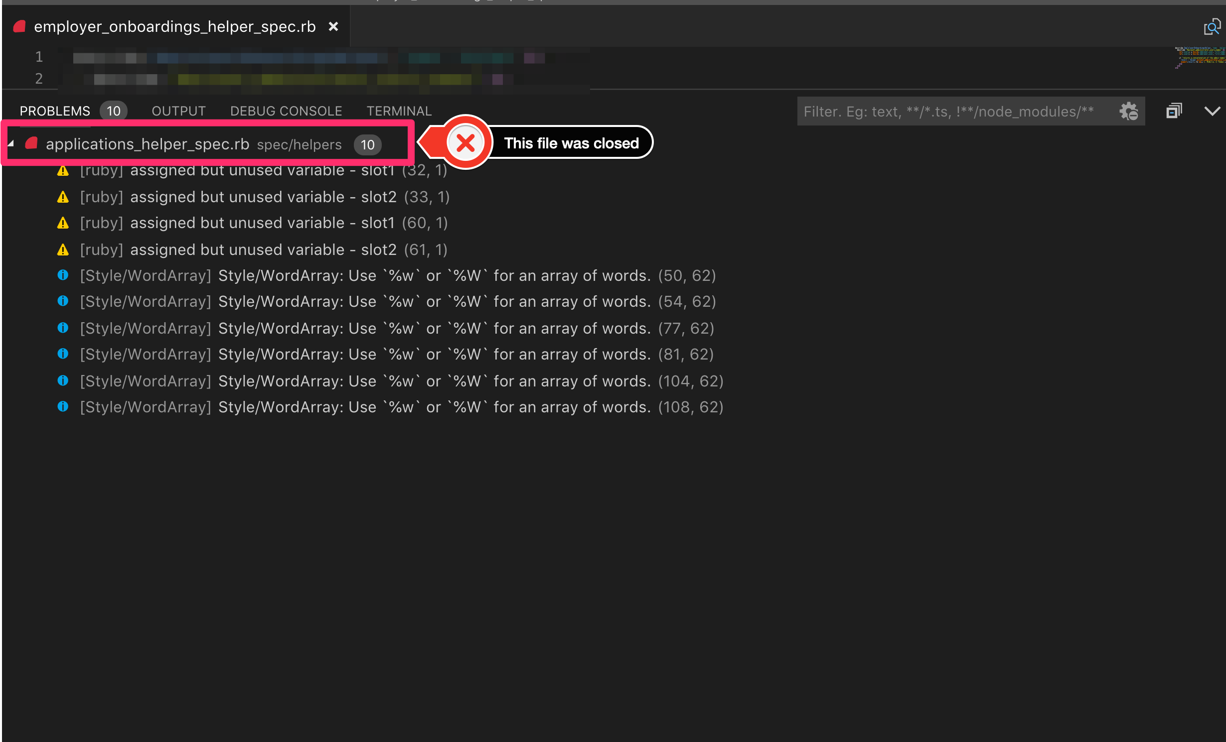 Rubocop/Linting problems aren't removed for closed files · Issue #262 · rubyide/vscode-ruby · GitHub