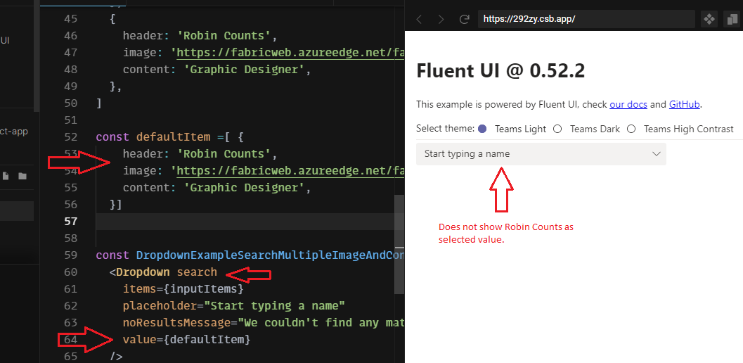 Cannot set default value/Value for single select Dropdown (Image, Header, Content) with search ...