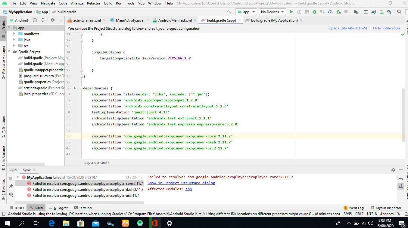 Unable to import exoplayer with andriodx, always writing Failed to resolve error after ...