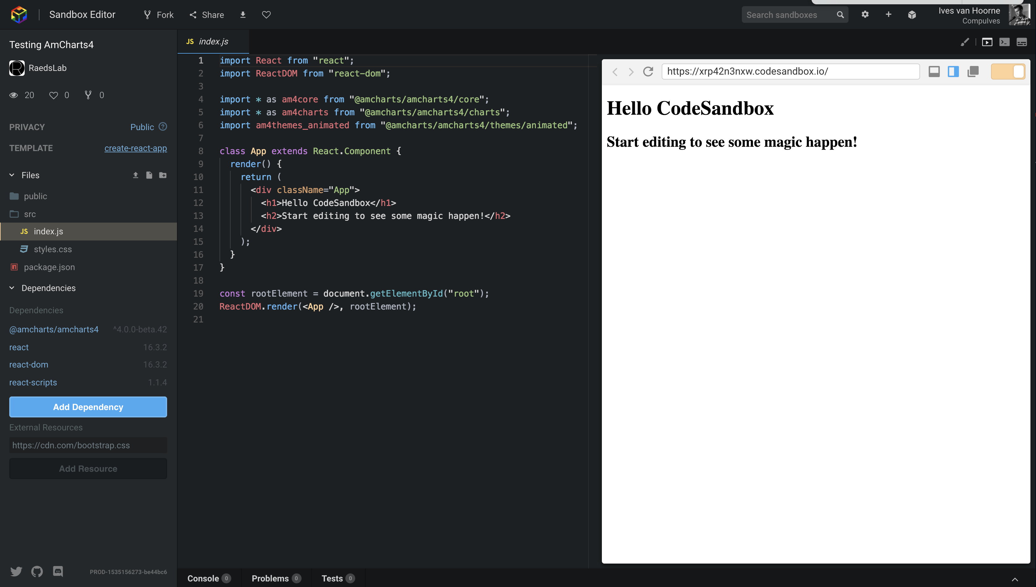 Issue with amcharts4 · Issue #1029 · codesandbox/codesandbox-client · GitHub