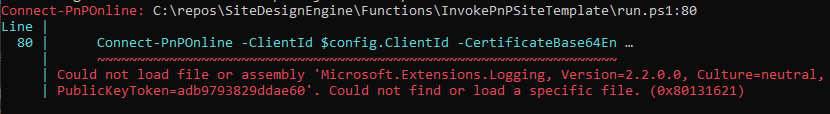 [BUG] Connect-PnPOnline throws "Could not load file or assembly 'Microsoft.Extensions.Logging ...
