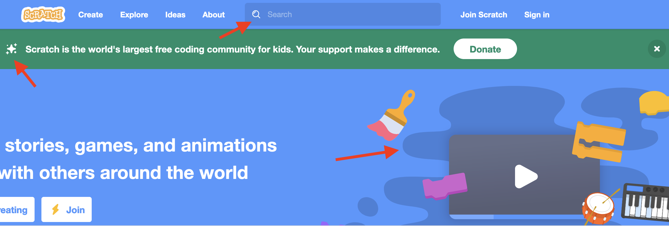 Graphics and buttons missing labels on Home page · Issue #7196 · scratchfoundation/scratch-www ...