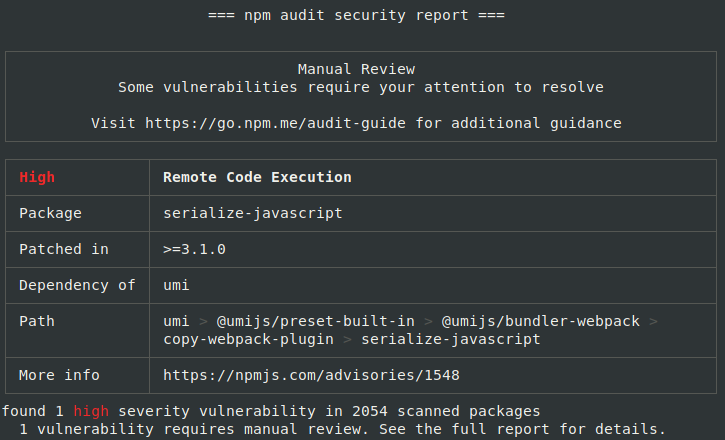 Found 1 High Severity Vulnerability Umijs Bundler Webpack Copy Webpack Plugin Serialize