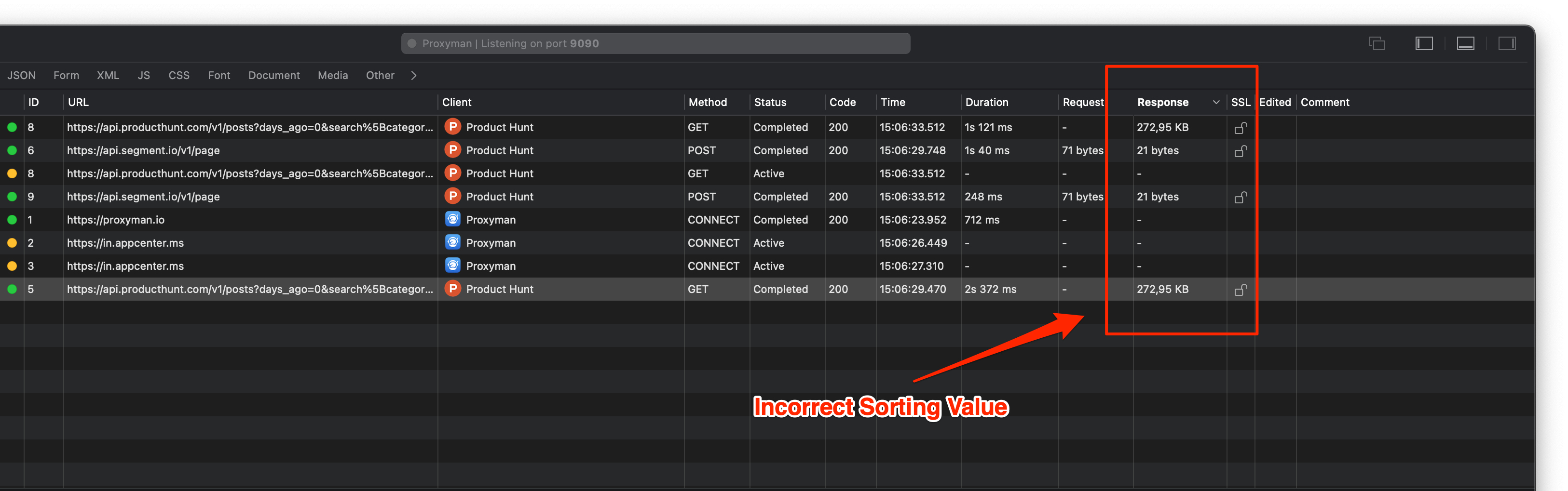 [BUG] Sorting Response Value doesn't work · Issue #802 · ProxymanApp/Proxyman · GitHub
