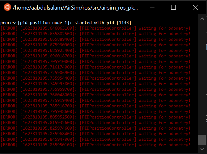 ROS node "pid_position_controller_simple_node" and launch file "airsim_with_simple_PD_position ...