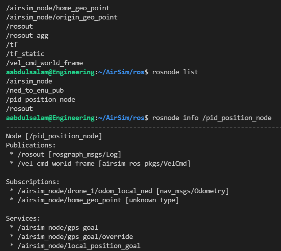 ROS node "pid_position_controller_simple_node" and launch file "airsim_with_simple_PD_position ...
