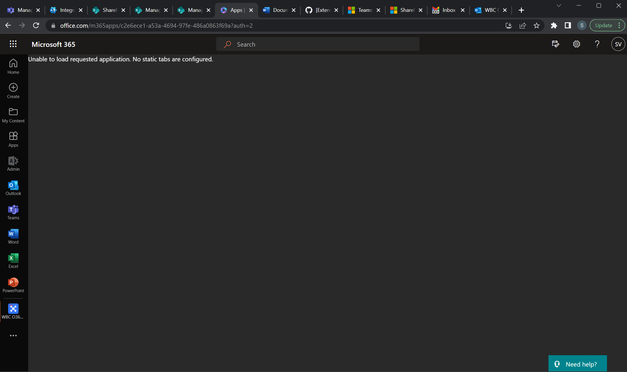 Unable to load requested application. No static tabs configured. While loading Teams app in ...