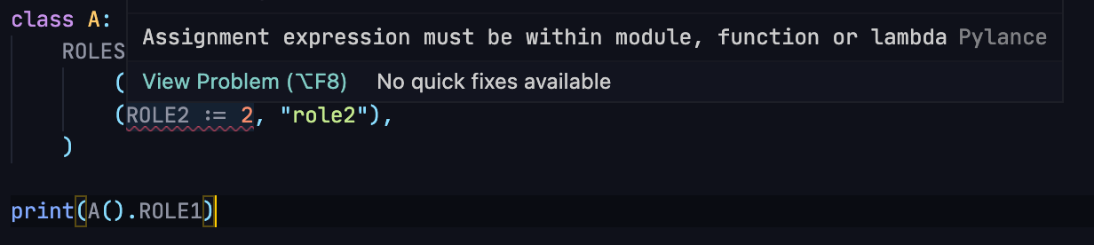 Pylance reports a problem when a walrus operator is used in a class ...