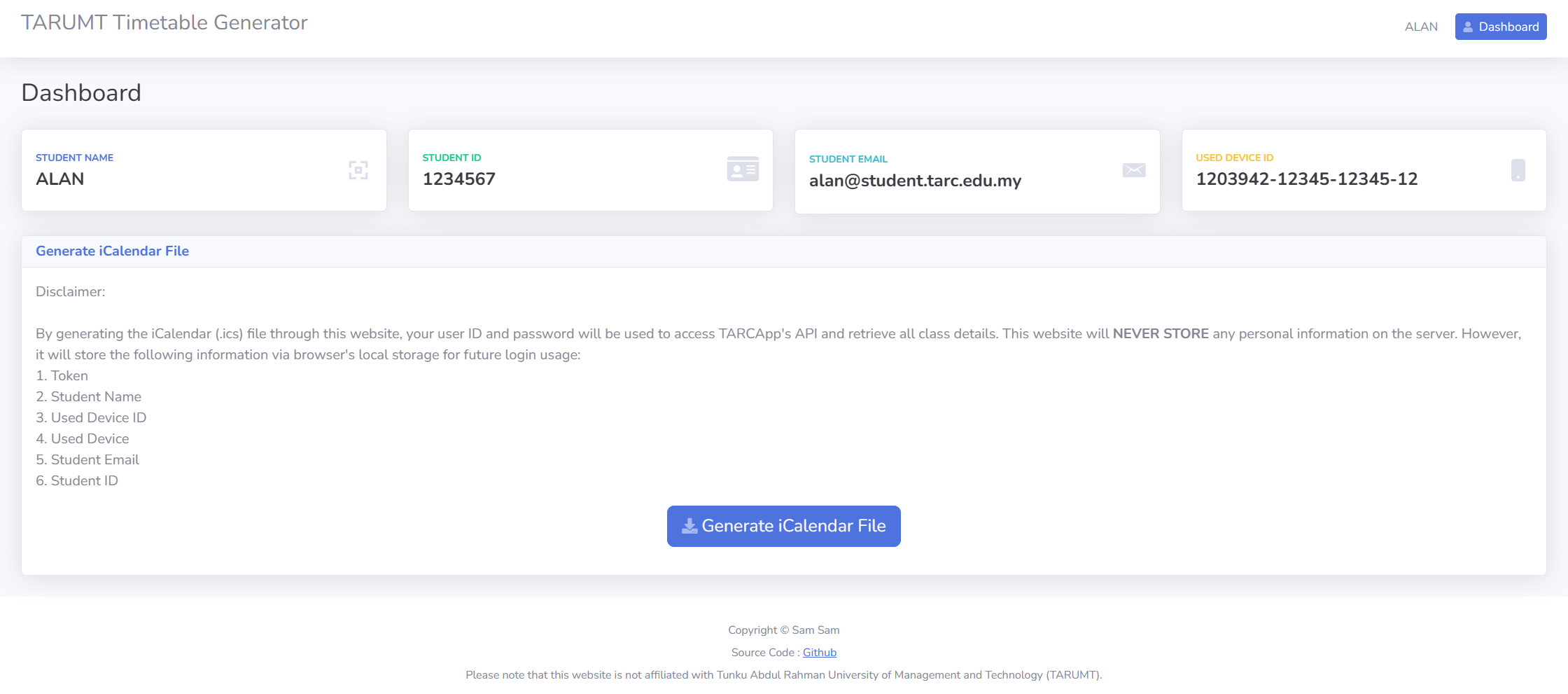 GitHub - samleong123/tarumt-timetable-generator: Generate iCalendar (.ics) file from the student ...