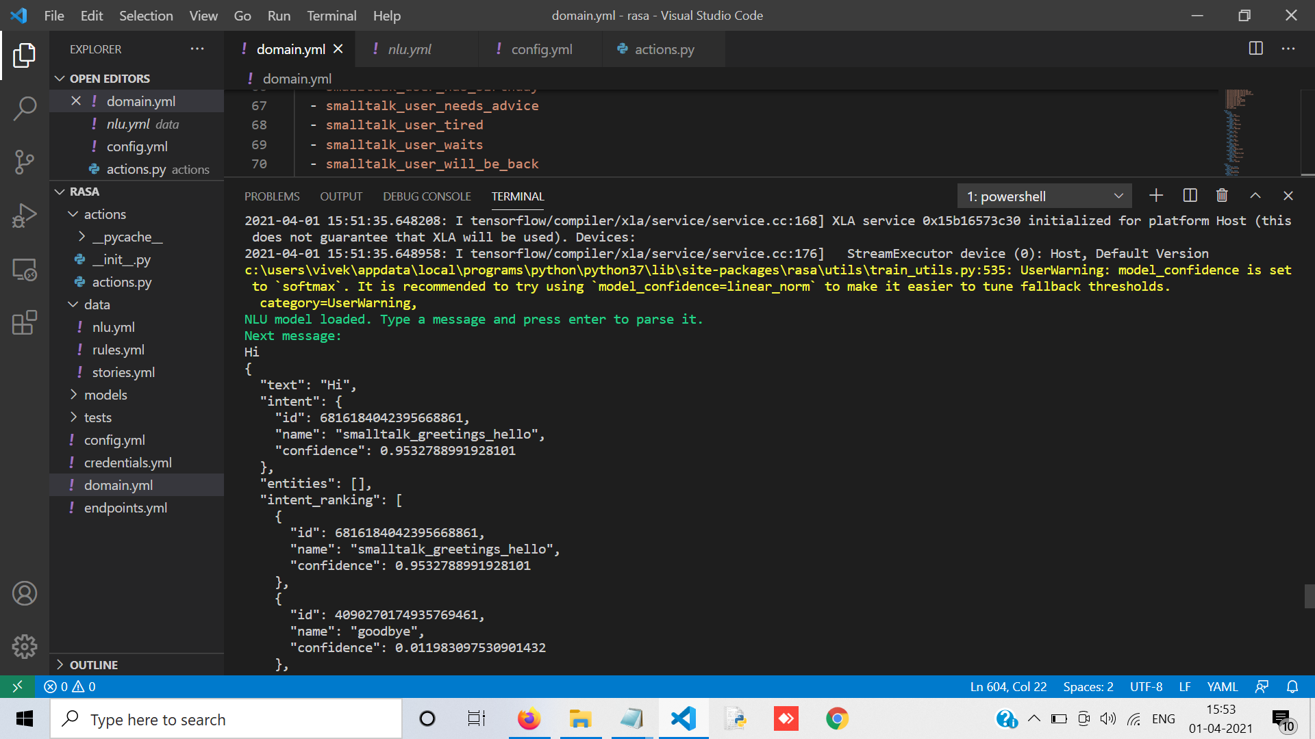 Rasa Shell Command Opens Rasa Intecative Why Opens The Detailed Confidence Information Etc
