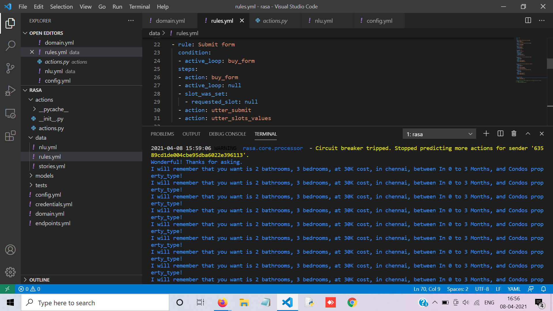 Circuit breaker tripped. Stopped predicting more actions for sender ...