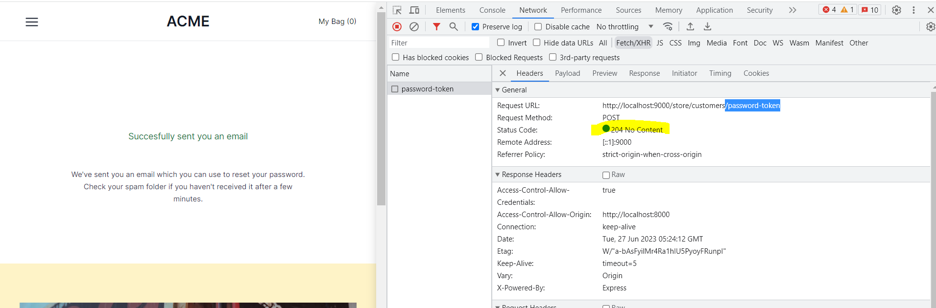 [bug] Reset password token return always a status 204 instead of 200 · Issue #4411 · medusajs ...