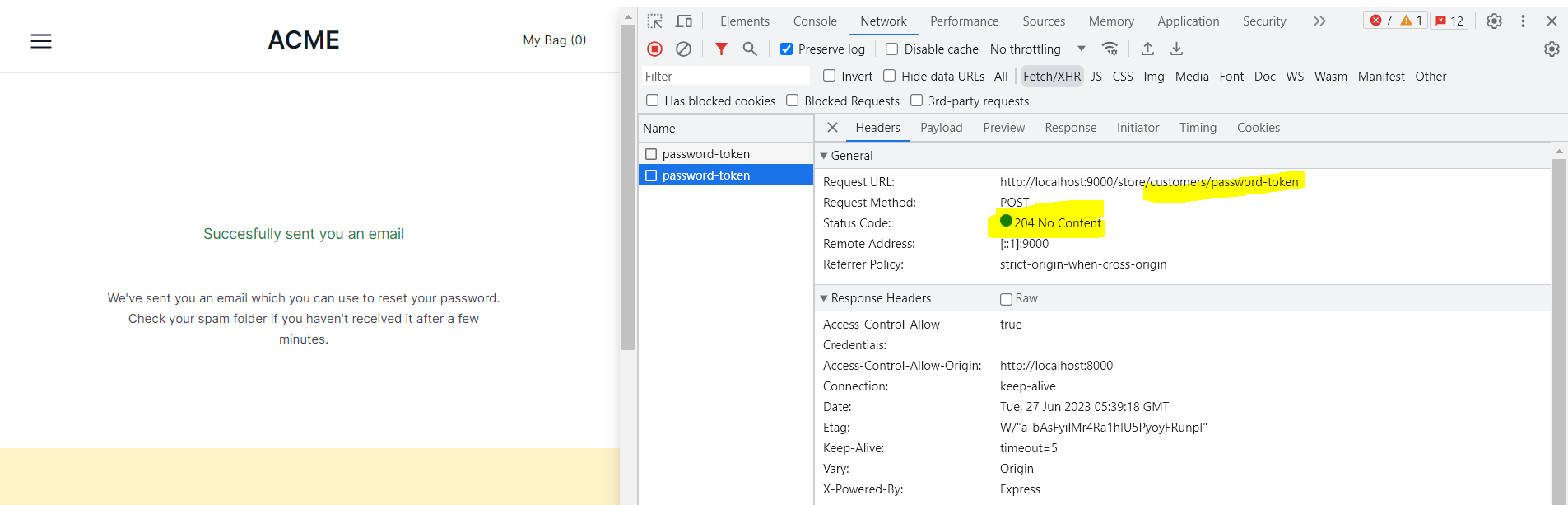 [bug] Reset password token return always a status 204 instead of 200 · Issue #4411 · medusajs ...