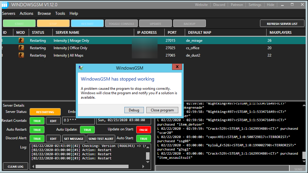 Still crashing on restart · Issue #14 · WindowsGSM/WindowsGSM · GitHub