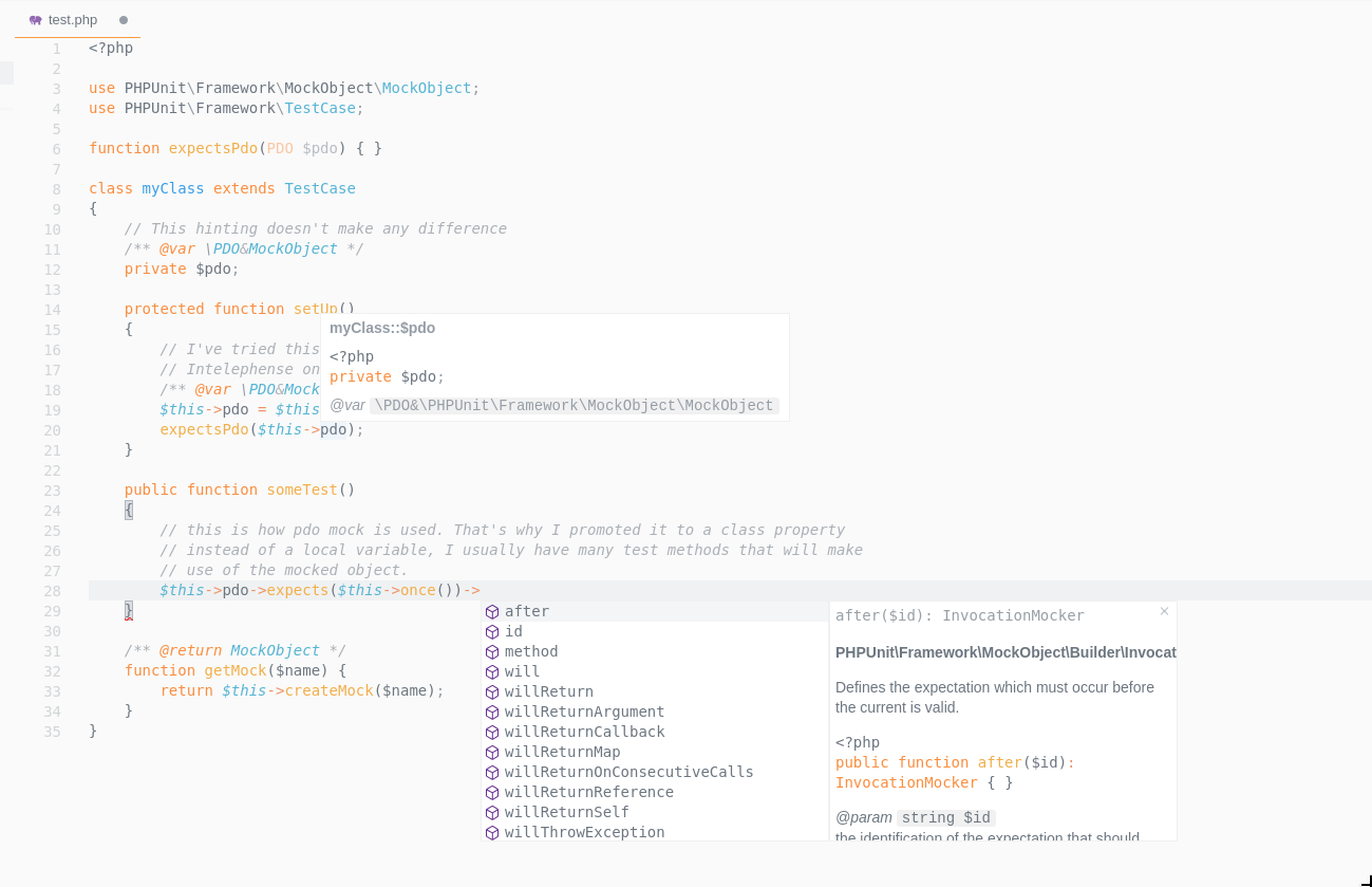 PHPUnit MockObject not matching expected type · Issue #698 · bmewburn/vscode-intelephense · GitHub