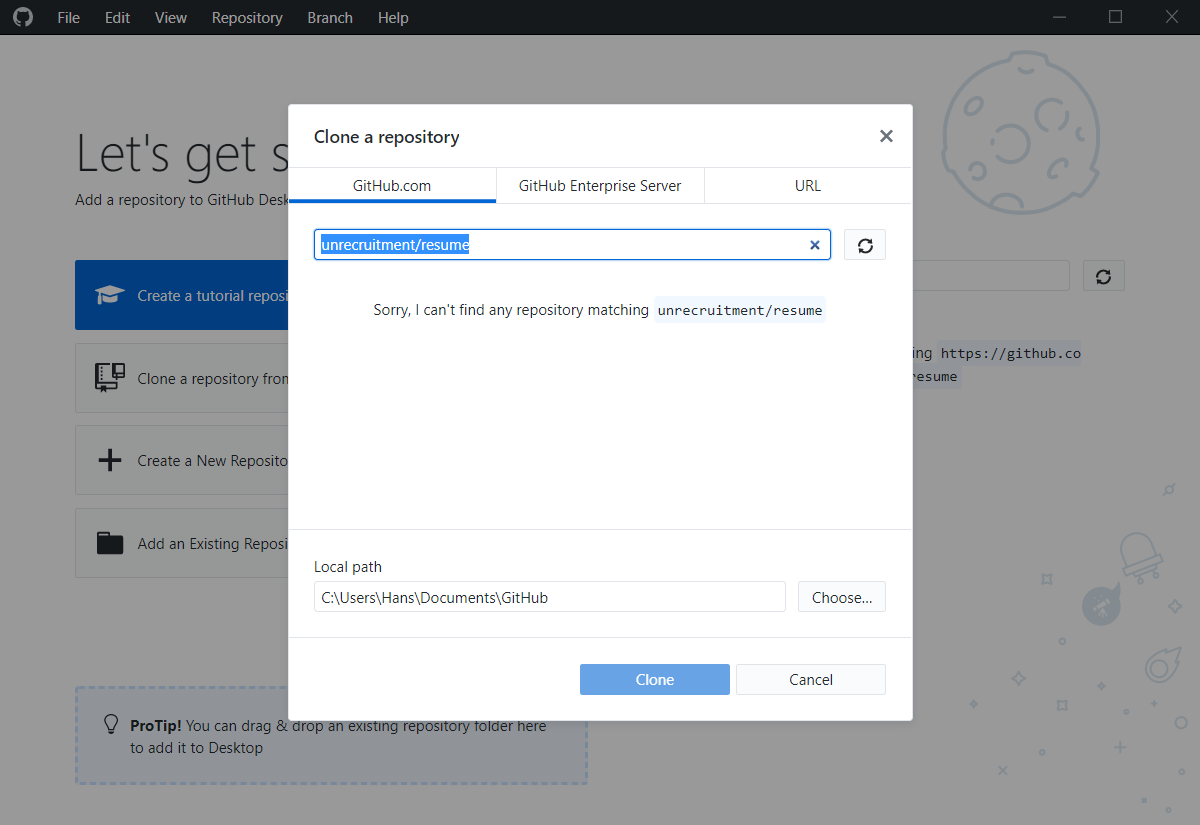 Cannot find/clone exisitng repo given by name/repo · Issue #9565 · desktop/desktop · GitHub