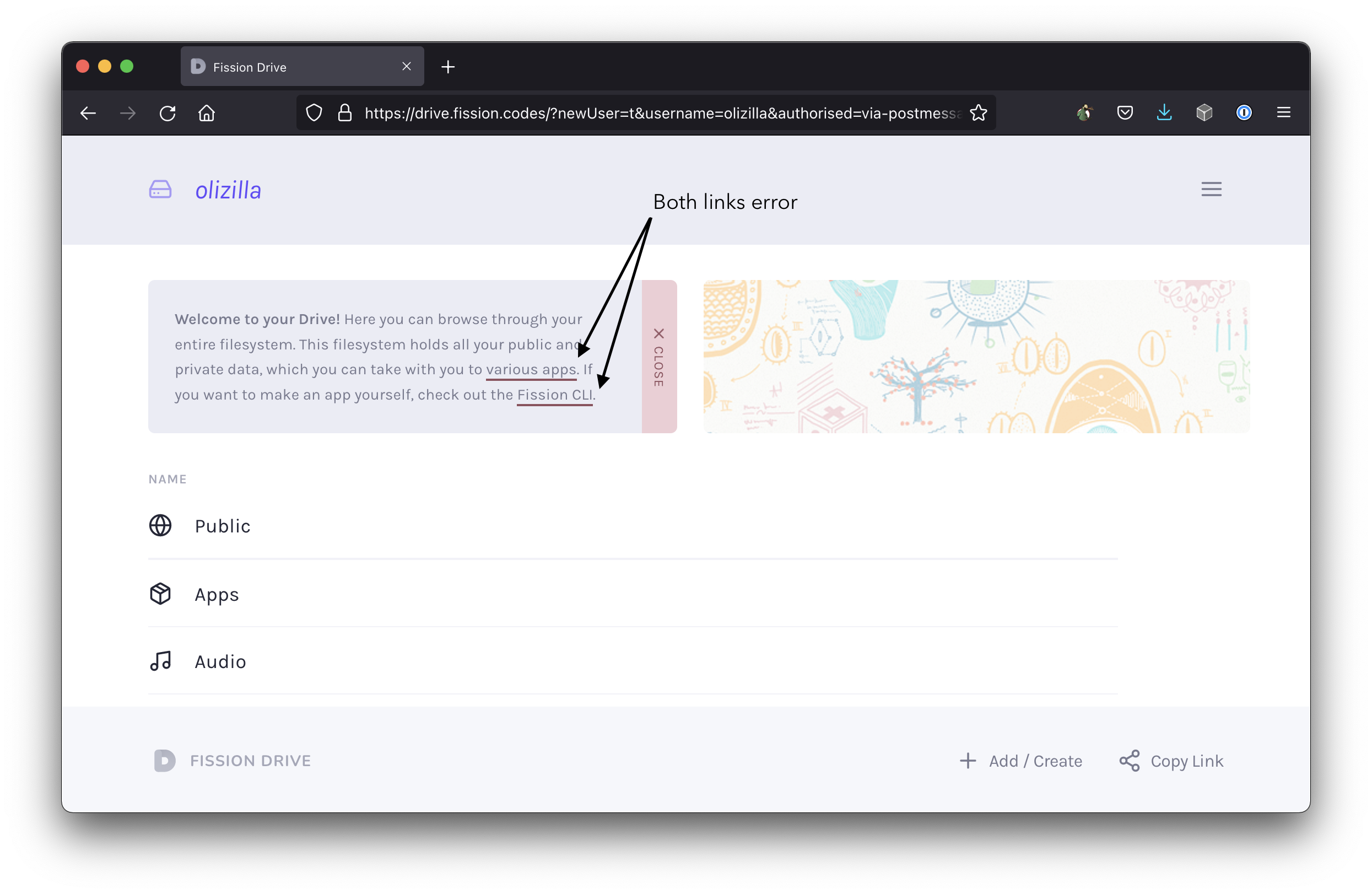 apps and cli links broken in welcome message · Issue #145 · fission-codes/drive · GitHub