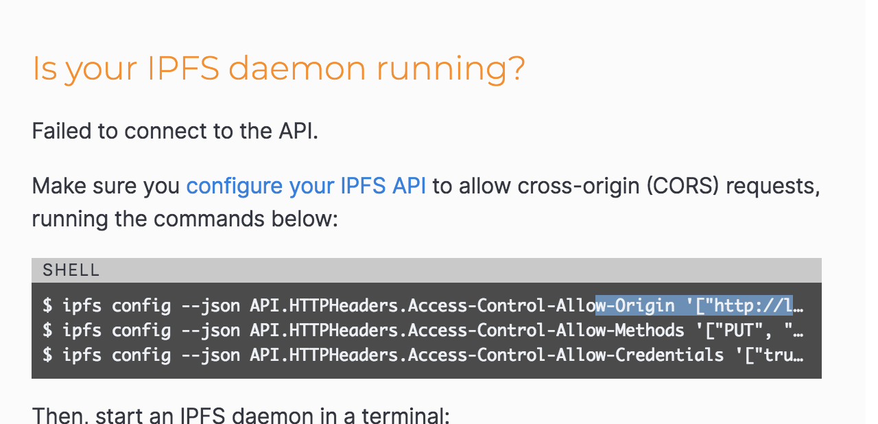 Make CORS config info copy-pasta friendly · Issue #849 · ipfs/ipfs-webui · GitHub