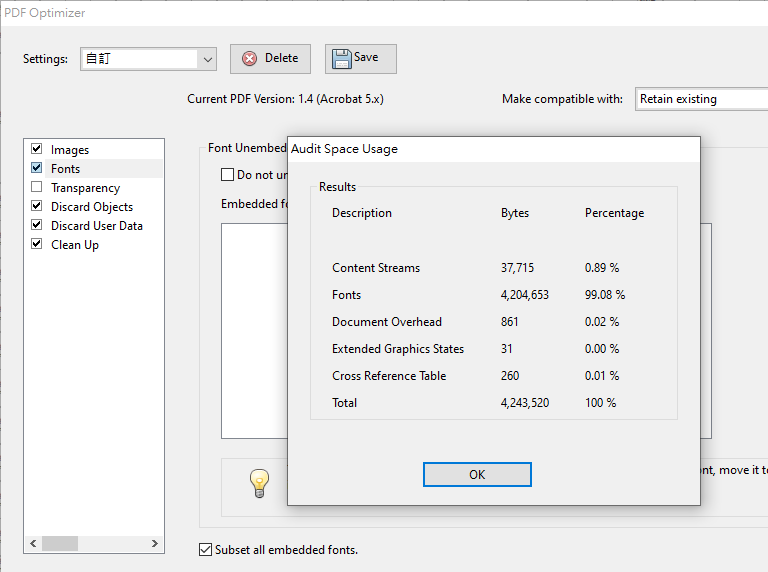 A simple PDF is 1.5megabyte: 10x the size of what you'd expect. Is there a way to "trim" fonts ...