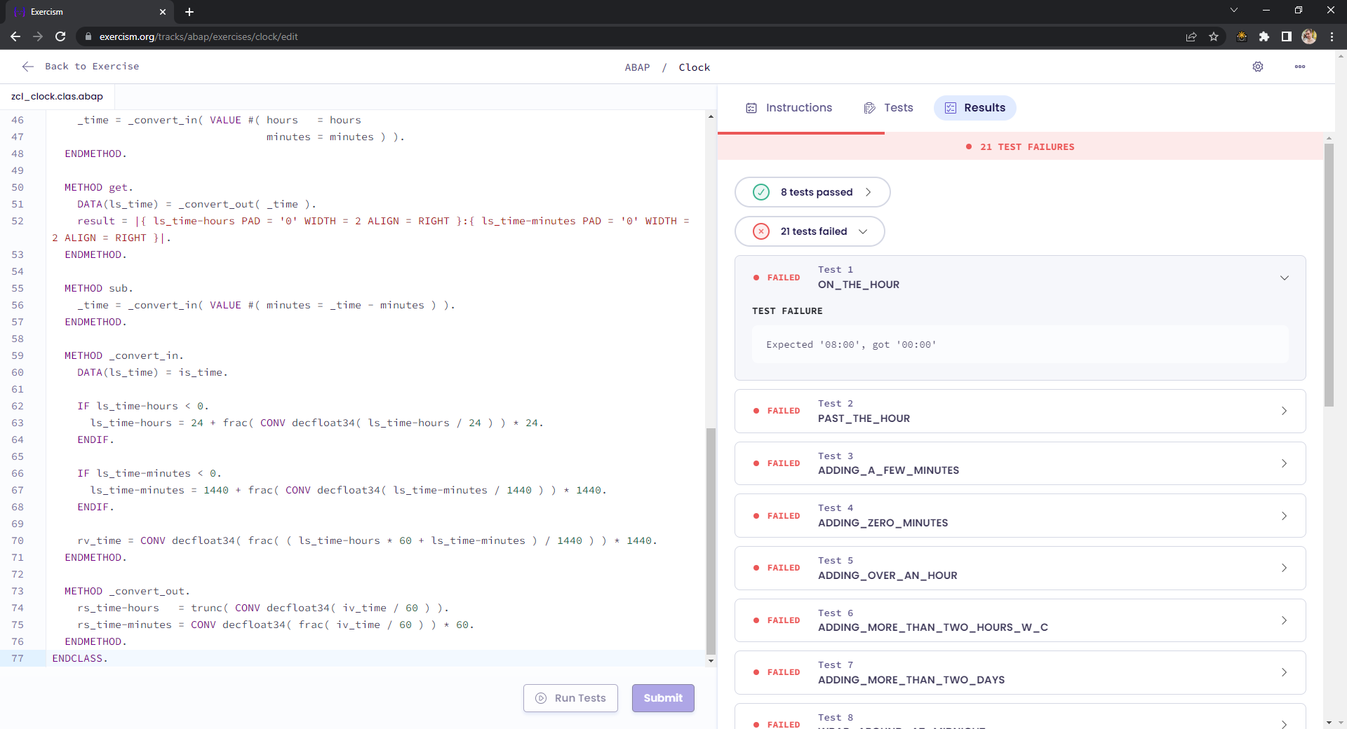 Clock - Unspecified error but it works on NW ABAP · Issue #102 · exercism/abap · GitHub