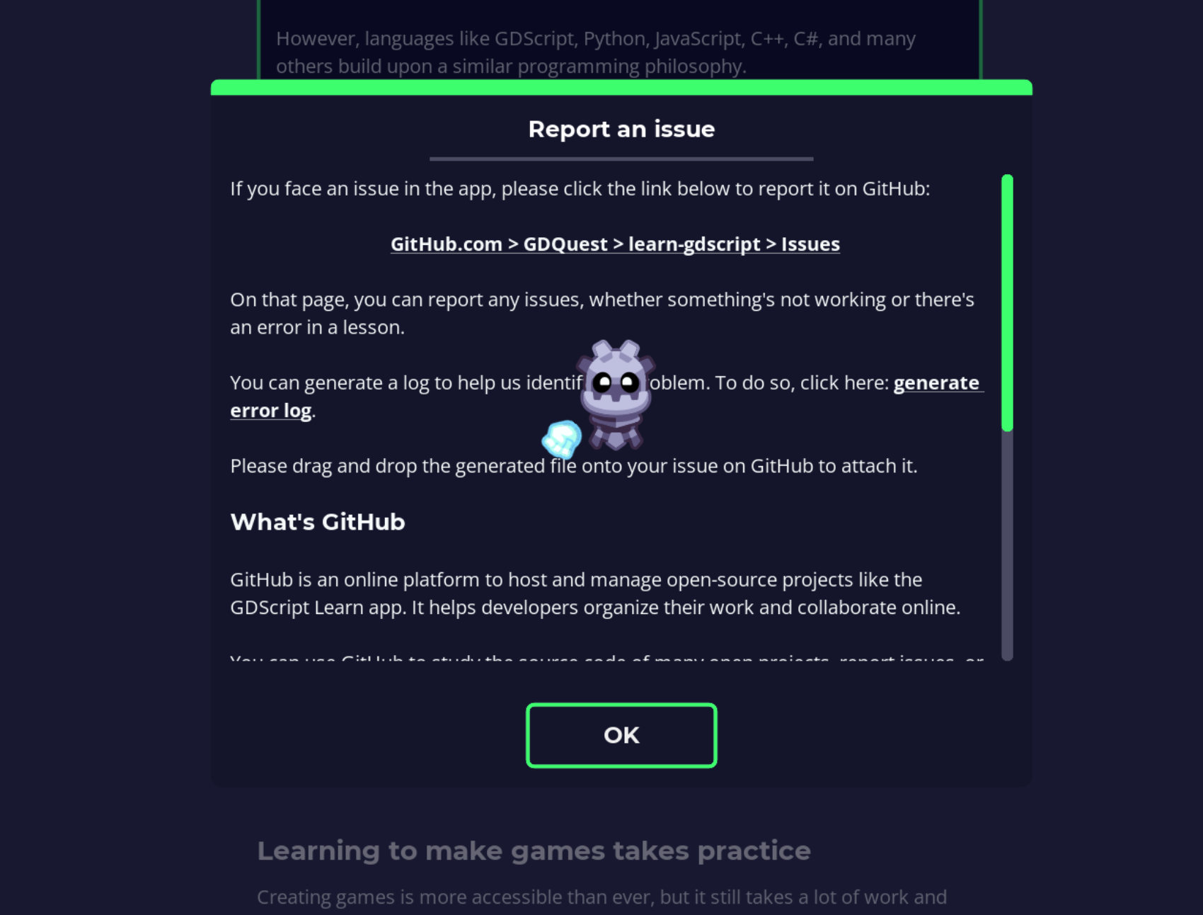 Robot characters in Lesson 1 are displayed over the menu to report an issue · Issue #534 ...