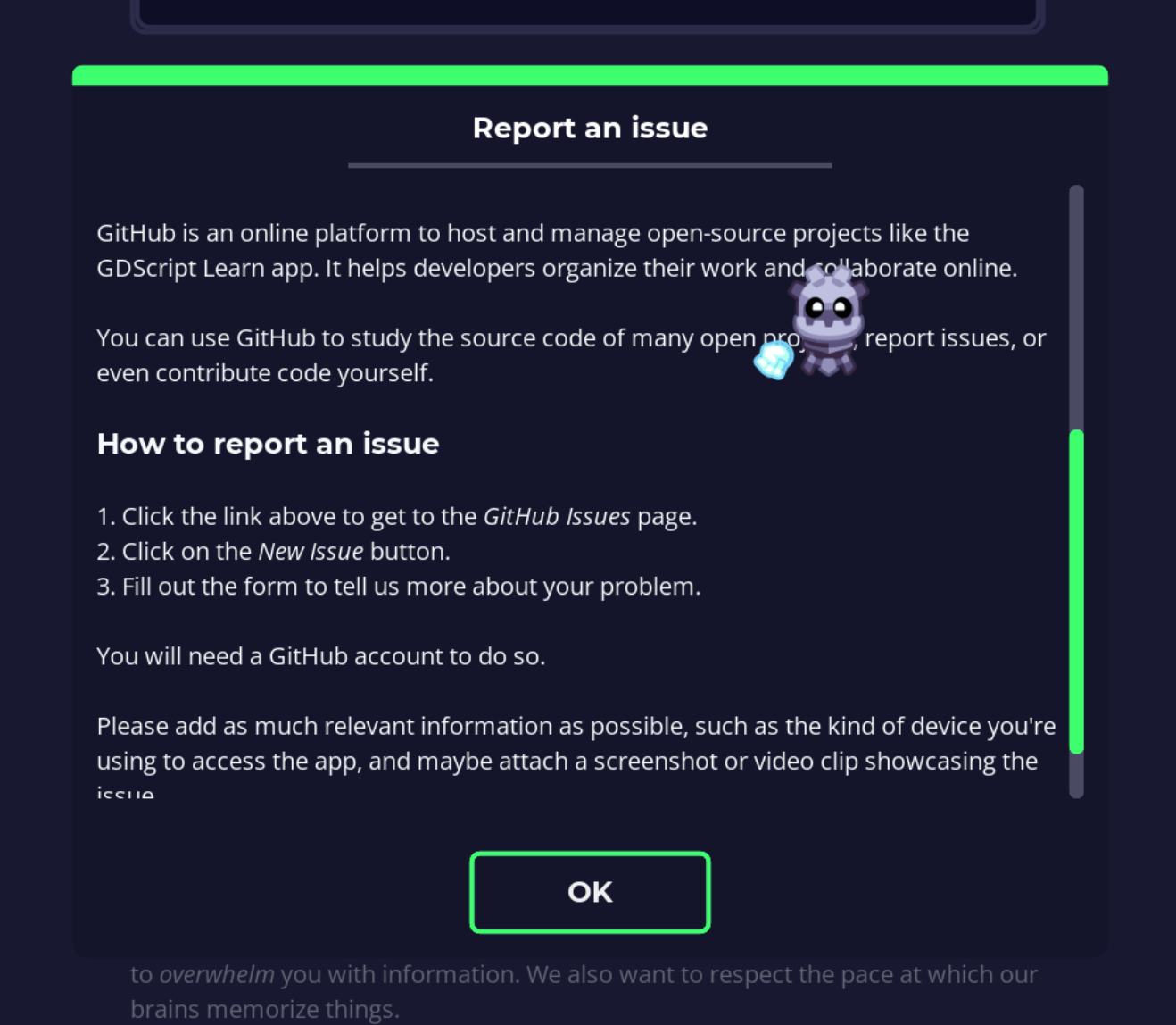 Robot characters in Lesson 1 are displayed over the menu to report an issue · Issue #534 ...