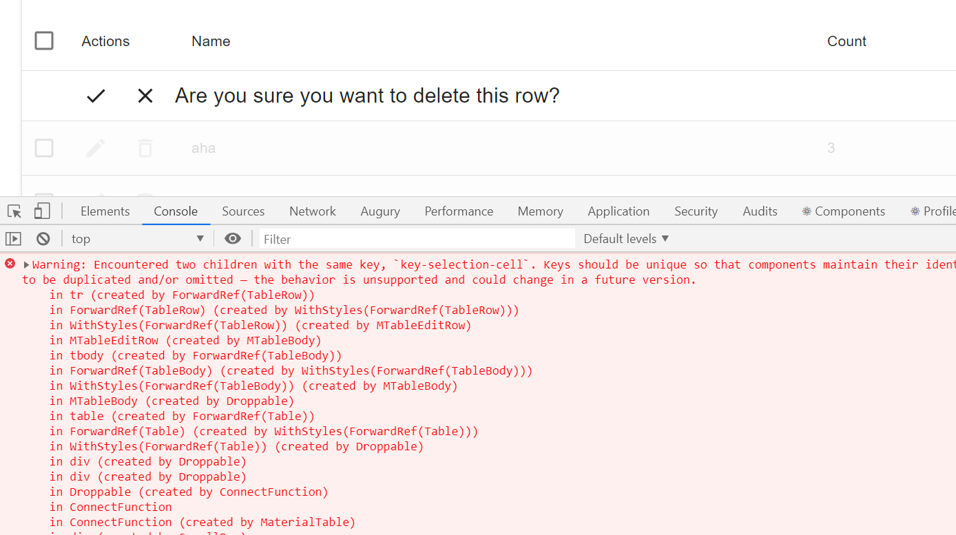 when performing a delete action, warning occurs · Issue #1517 · mbrn/material-table · GitHub