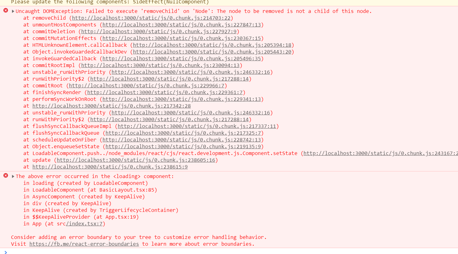 使用react-router-config路由跳转的时候报错，Failed to execute 'removeChild' on 'Node': The node to be removed ...