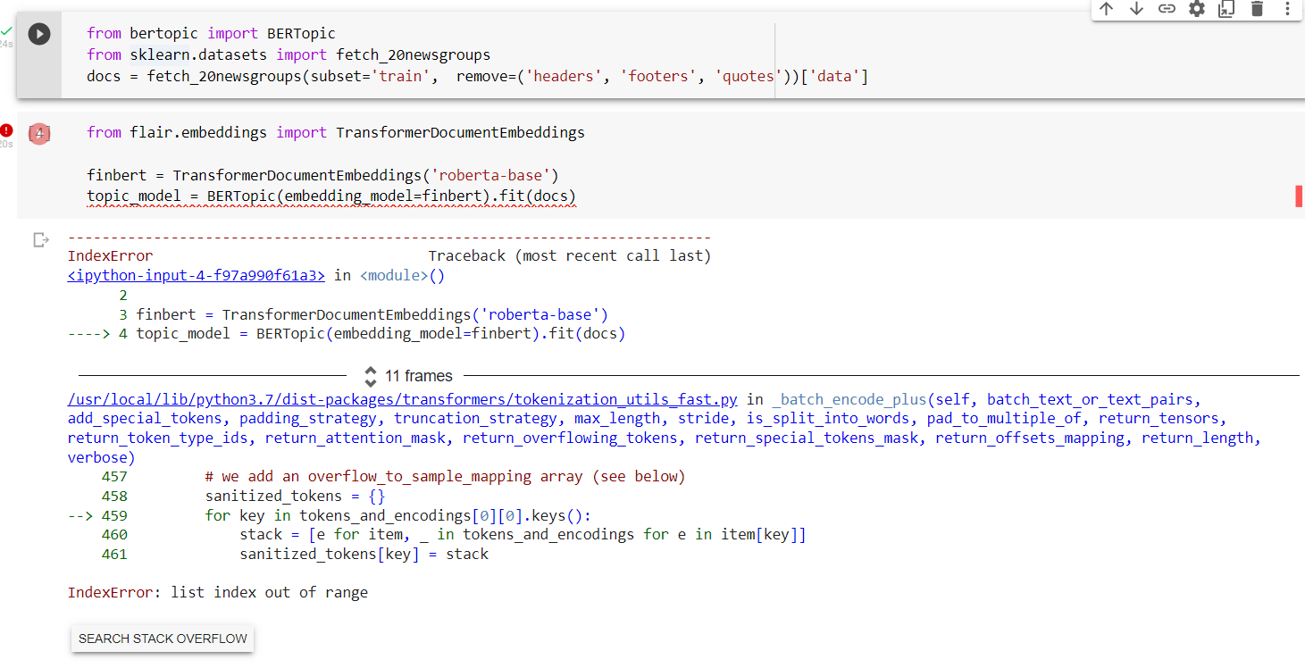 IndexError: list index out of range · Issue #588 · MaartenGr/BERTopic · GitHub