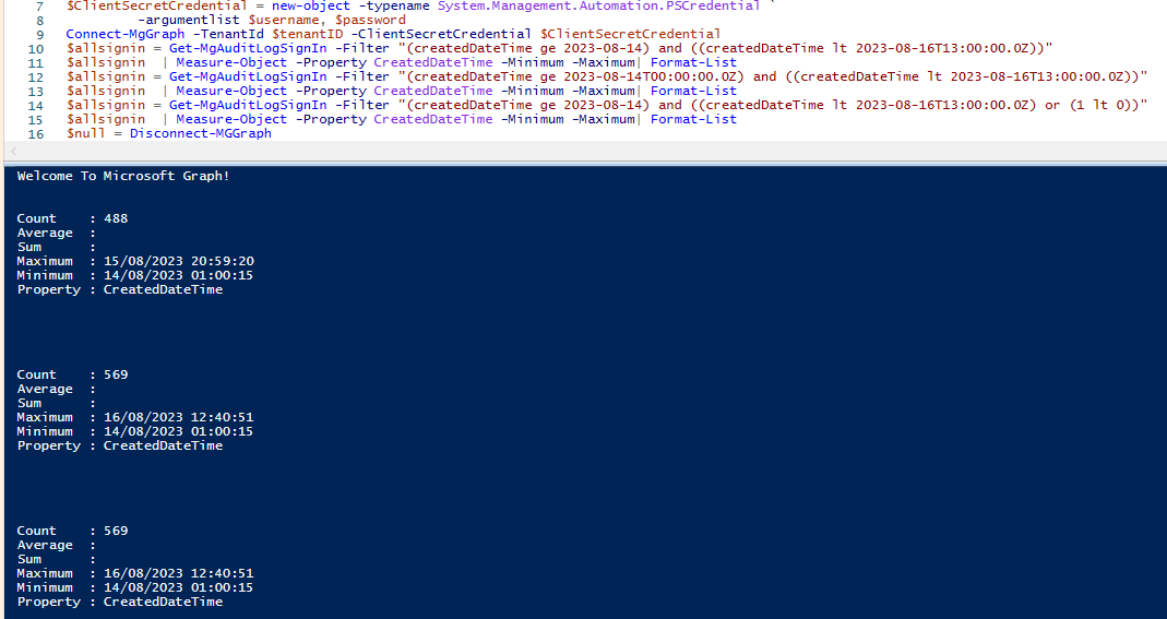 Using -Filter with Get-MgAuditLogSignIn results in less precise filtering due to previous ...