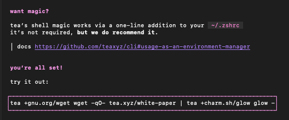 The demo line at the end should not include pipe on either side · Issue #69 · pkgxdev/setup · GitHub