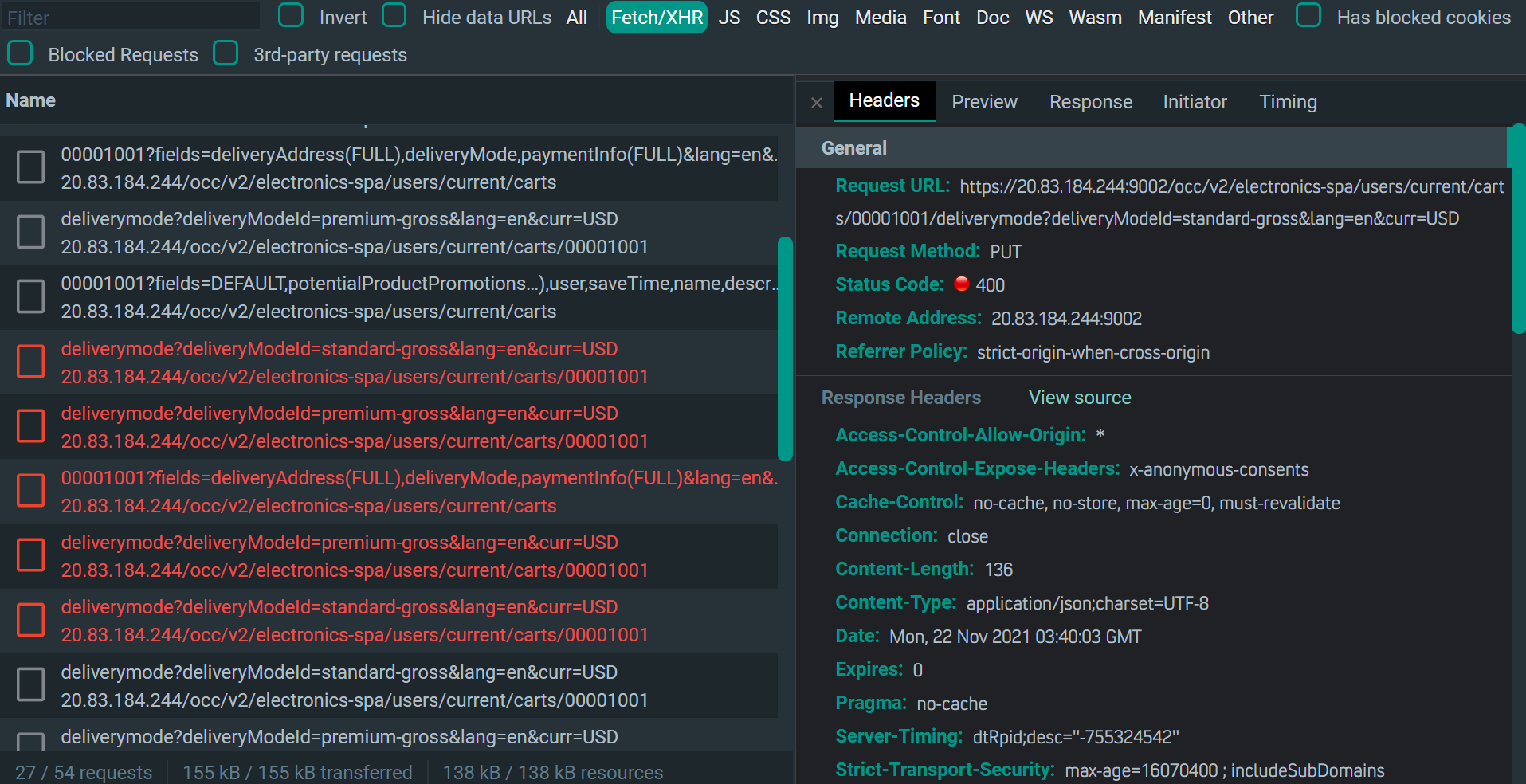 HTTP PUT request will return 400 ERROR when rapidly switch shipping method in Delivery Mode step ...