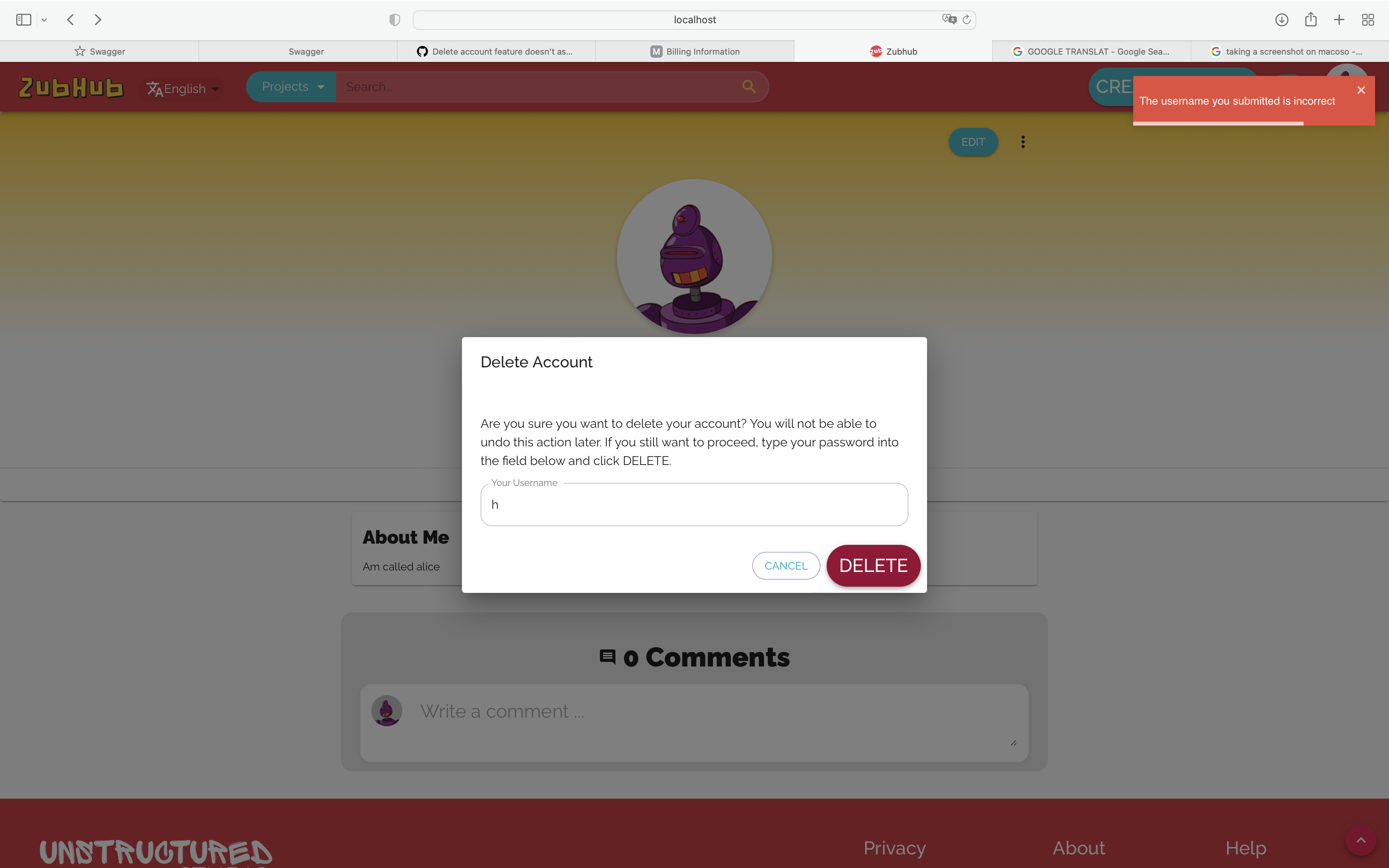 Delete account feature doesn't ask for a password; displays no error message when incorrect ...