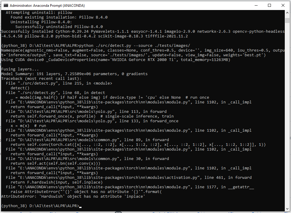 AttributeError: 'Hardswish' object has no attribute 'inplace' · Issue #5 · YuTingChow/ALPR · GitHub