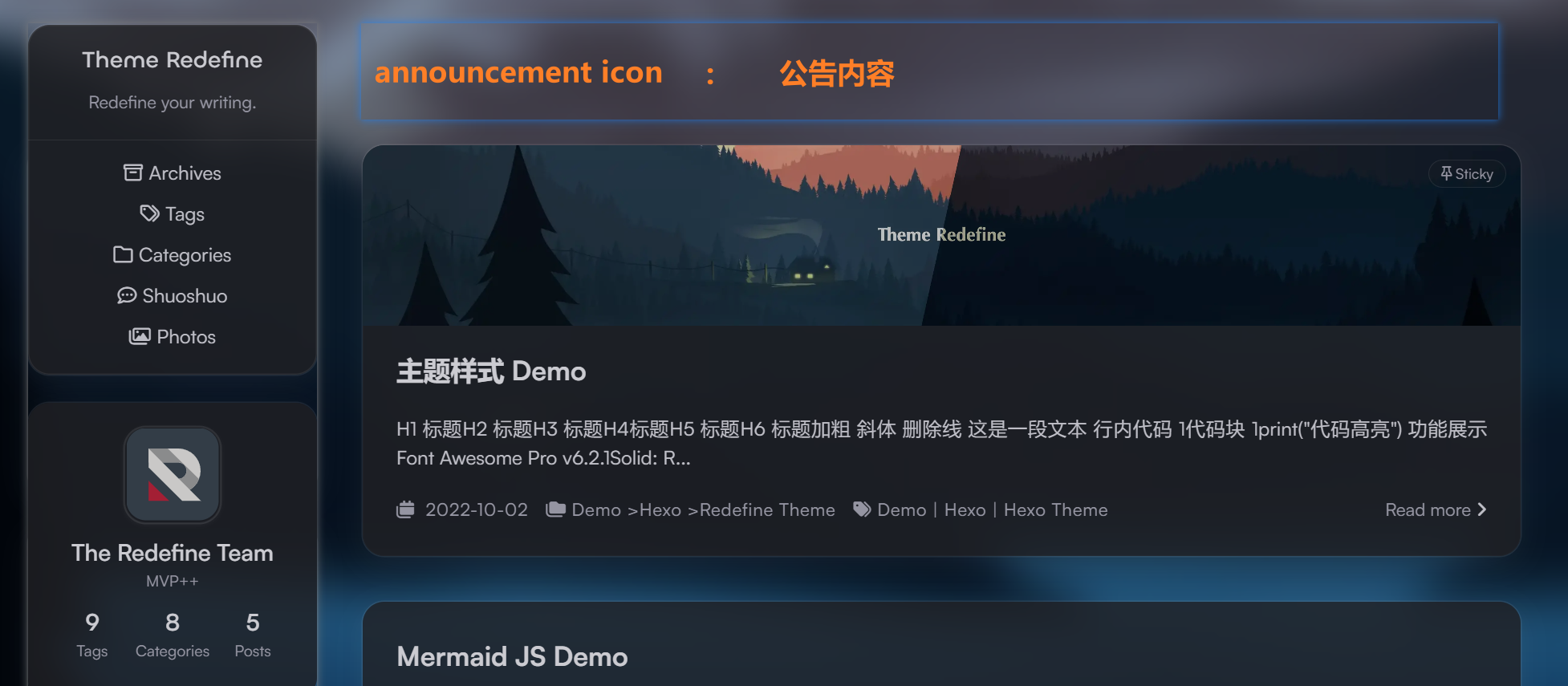 [功能建议] 改善公告栏位置或显示效果 · Issue #225 · EvanNotFound/hexo-theme-redefine · GitHub