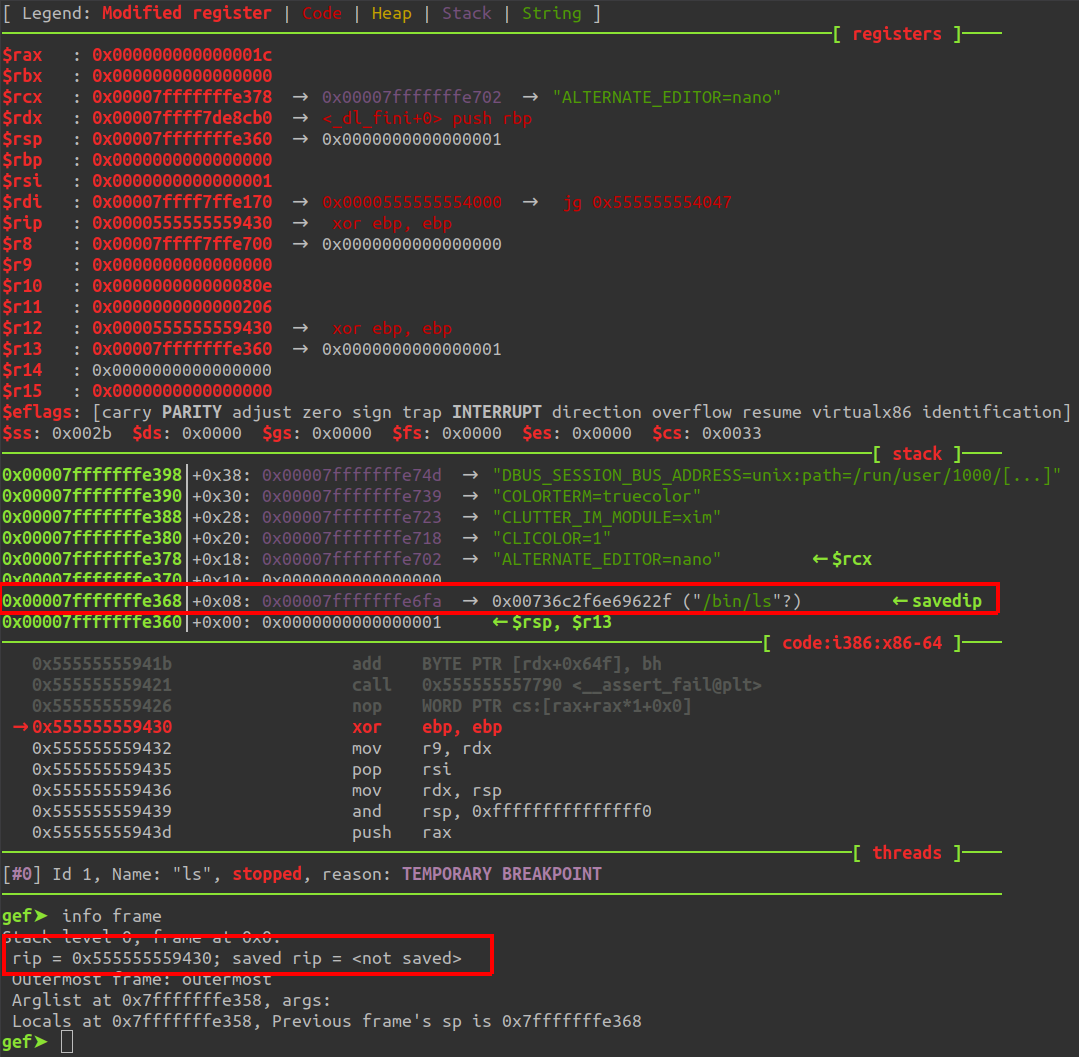 `$savedip` indicator doesn't work as expected when on top frame · Issue #205 · hugsy/gef · GitHub