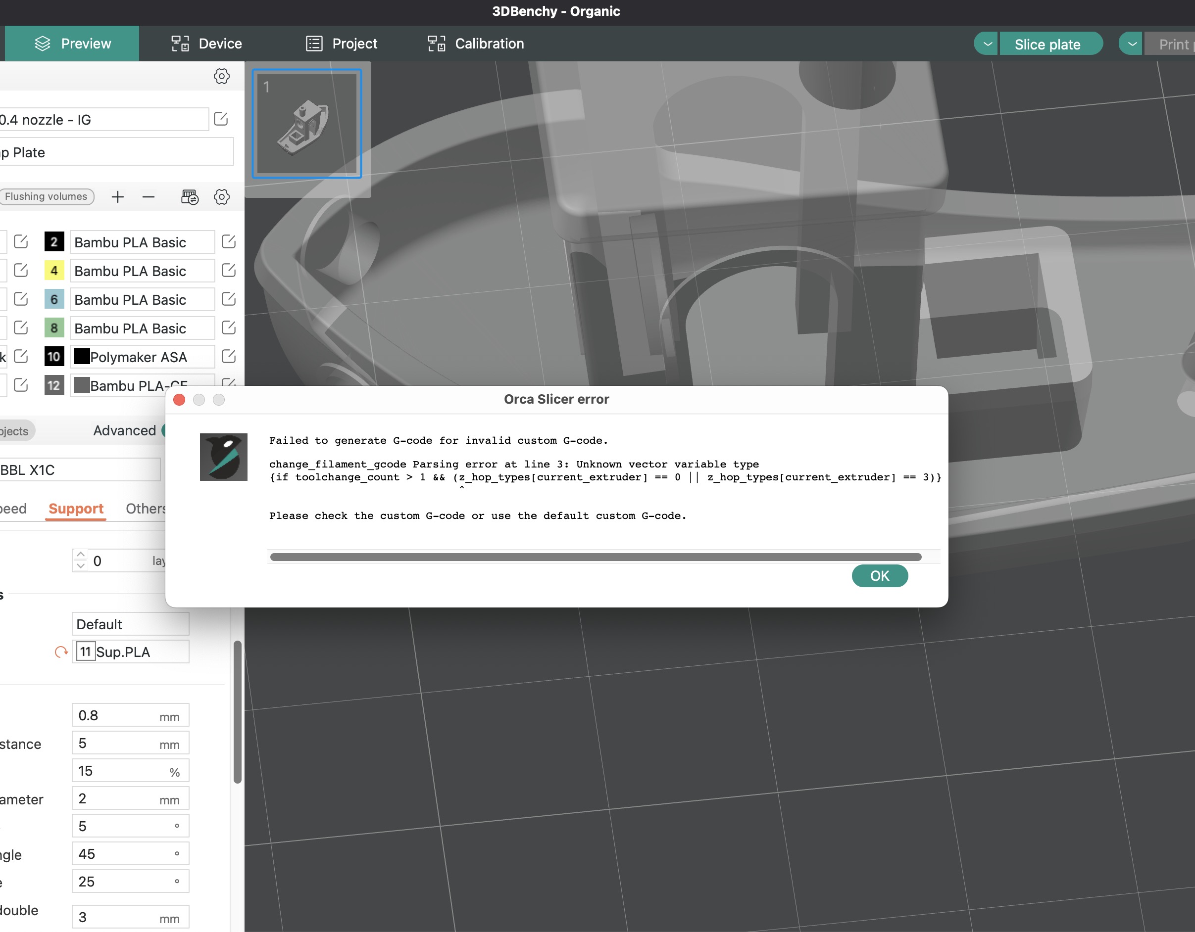 1.7 Dev - Organic support slicing errors out when support interface material is selected ...