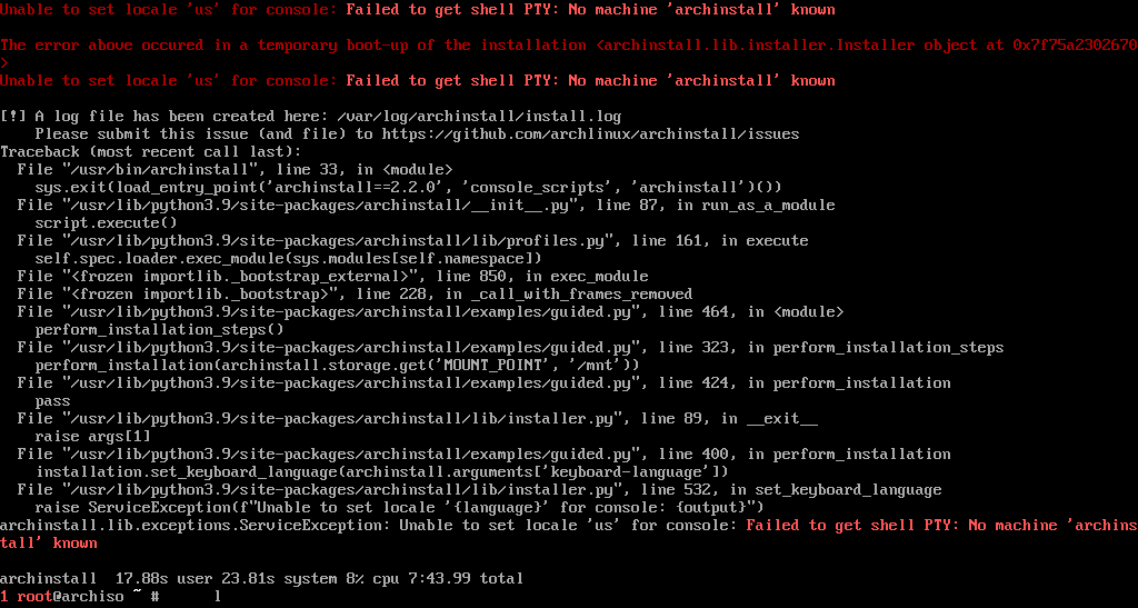 Unable to set locale 'us' for console: Failed to get shell PTY: No ...