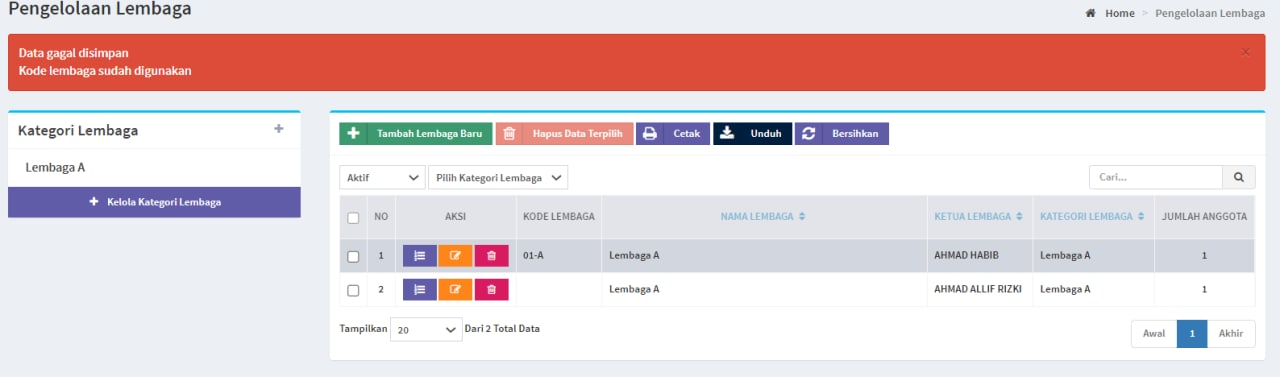 Buat wajib isi pada kode lembaga & Merubah parameter menu lembaga agar tidak melekat dengan nama ...