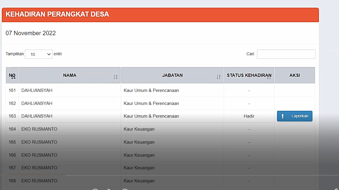 Laporan Kehadiran Perangkat Desa pada layanan mandiri muncul semua sehingga terlihat data ...