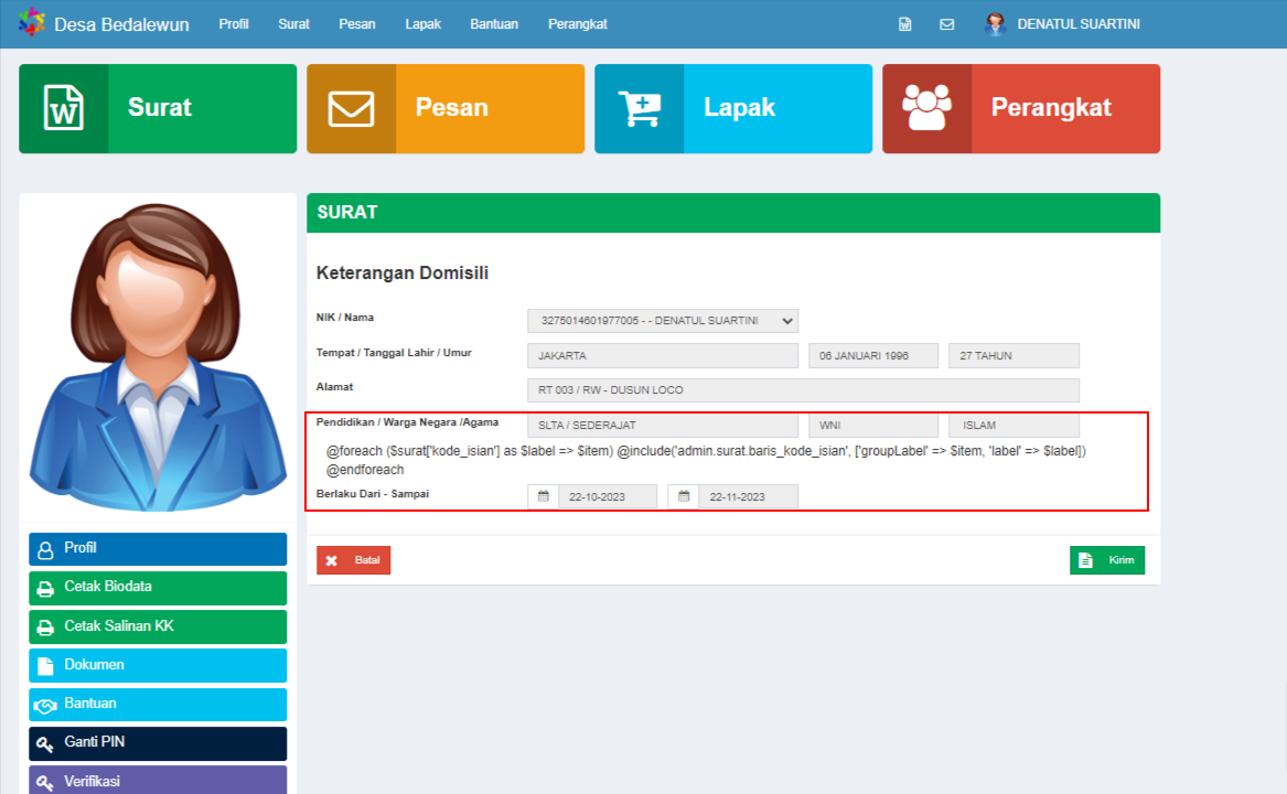 Bug/error: Ada koding php yang tampil pada permintaan surat melalui layanan mandiri dan ...